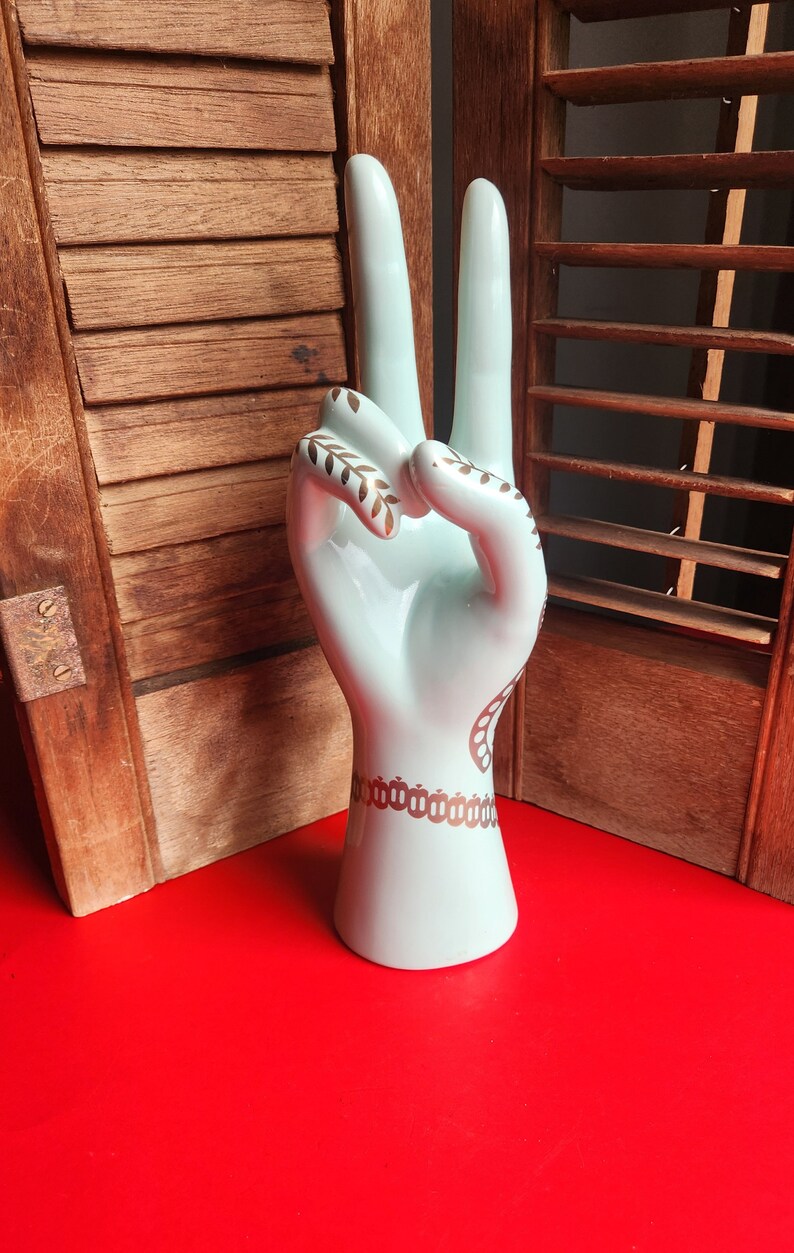 Vintage Ceramic Peace Sign Hand Art Display Light Green With Gold ...