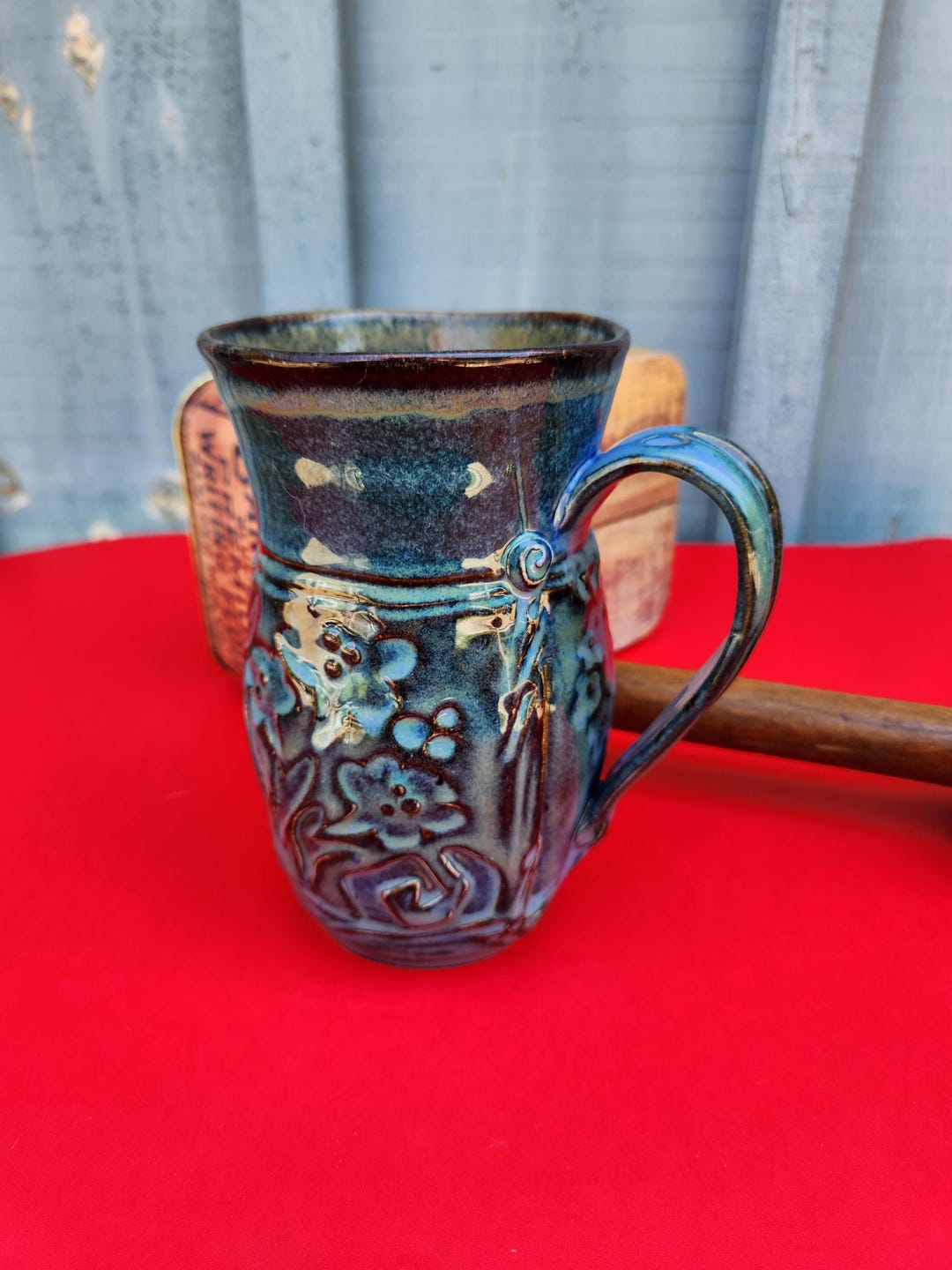 Large Pottery Mug Floral Design Ceramic Coffee Tea Mug Signed by Artist ...
