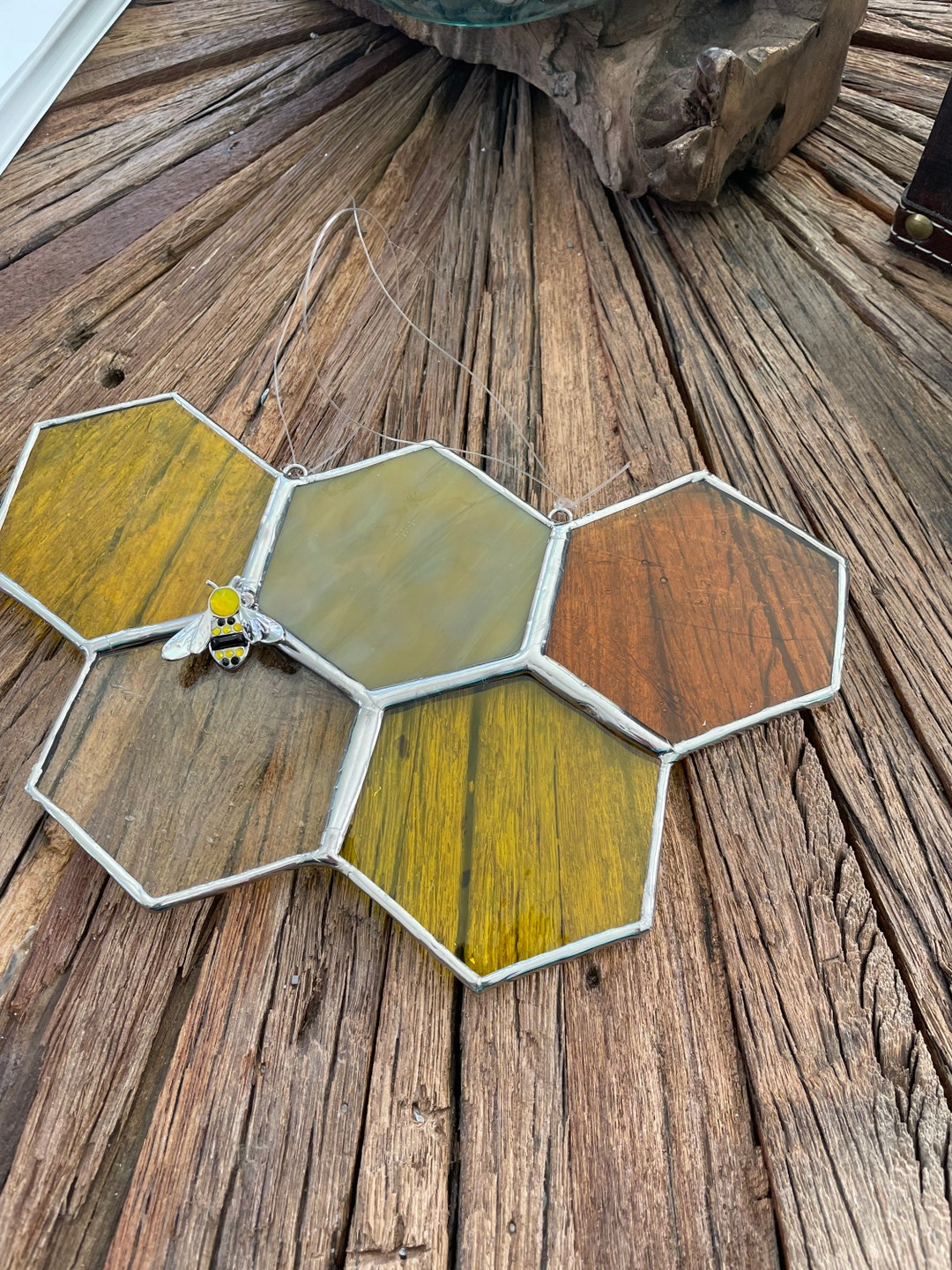 Stained Glass Honeycomb Sun Catcher With Bee - Etsy