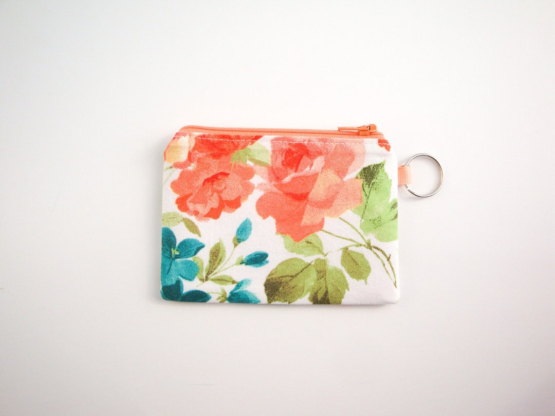 Peach and Teal Floral Zipper Pouch, Coin Pouch, Coin Purse, Gift for ...