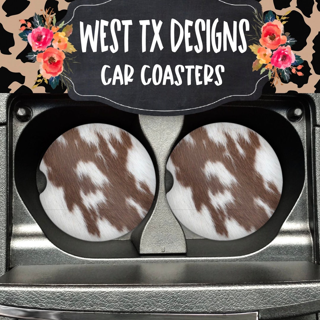 Cow Hide Print Car Coasters | Set of 2 Car Coasters | Sandstone Car ...