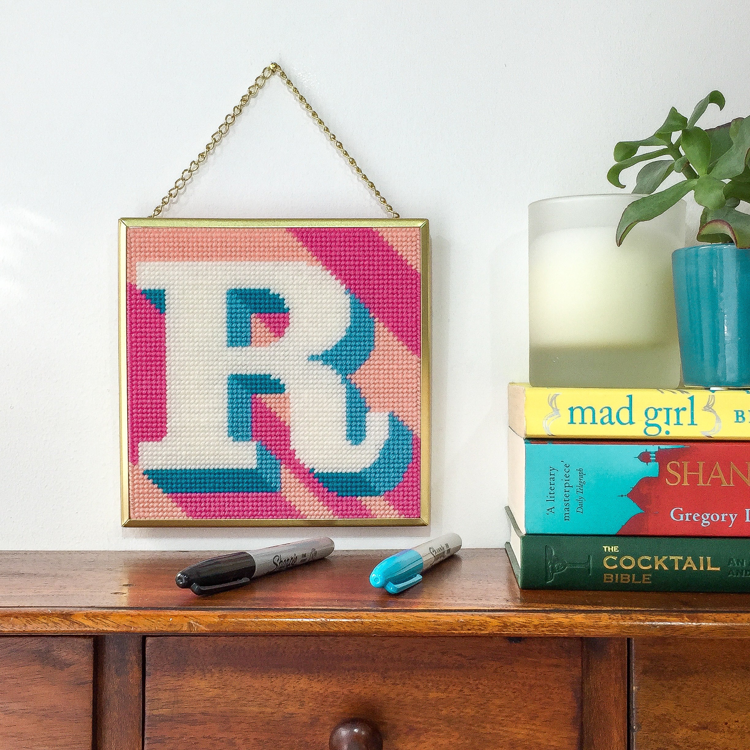 Pink Letter R Alphabet tapestry / needlepoint kit in half | Etsy