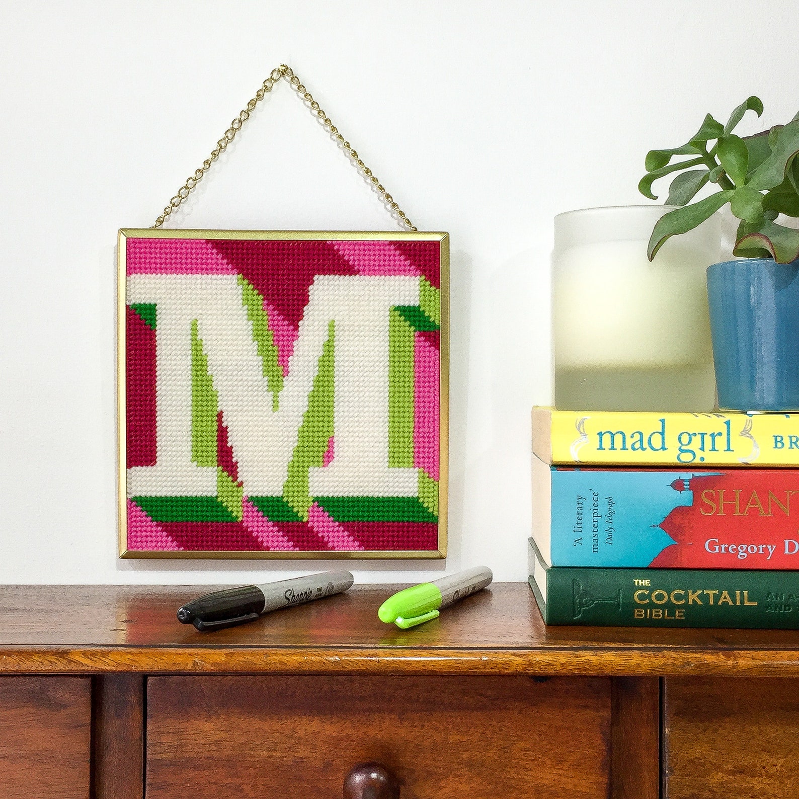 Pink Letter M Alphabet Tapestry / Needlepoint Kit in Half Cross Stitch ...