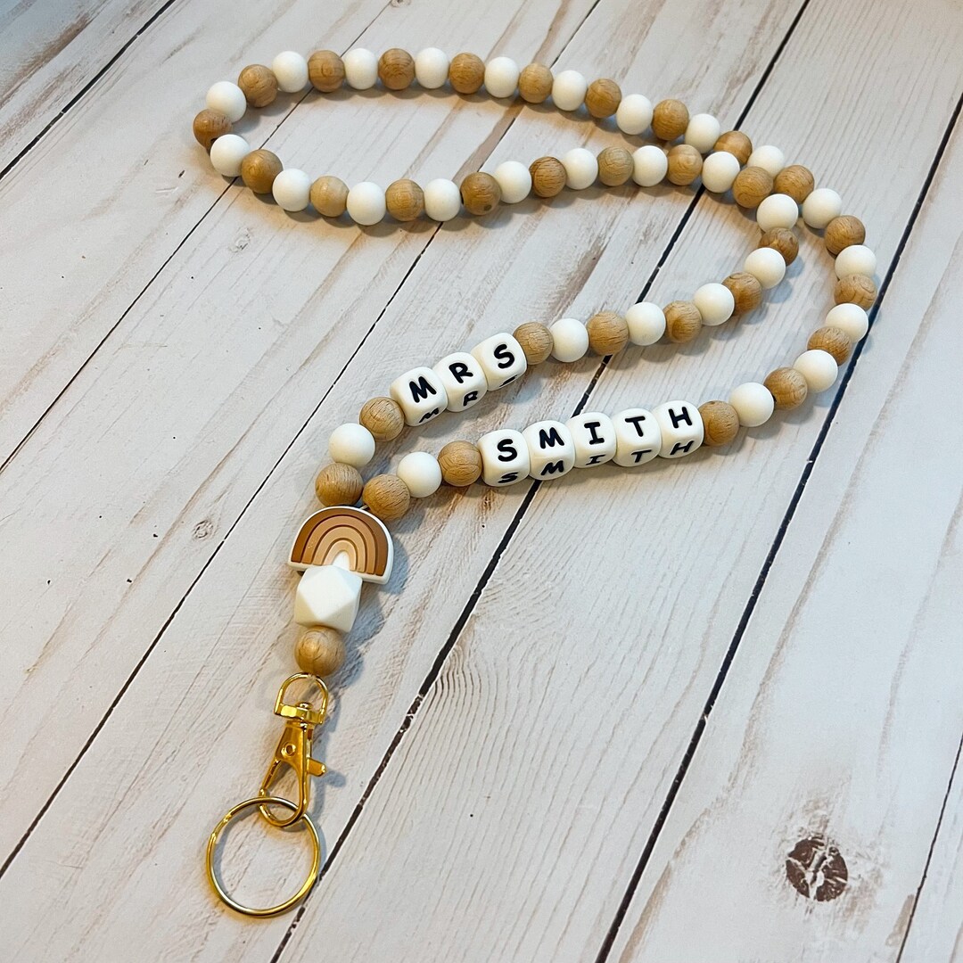 Rainbow Teacher Lanyard Beaded Teacher Badge Holder Personalized Name ...