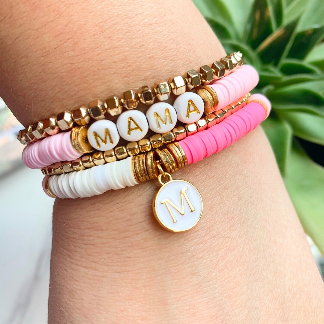 Custom Personalized Heishi Name Bracelet Alphabet Coin Stack Stretch ...