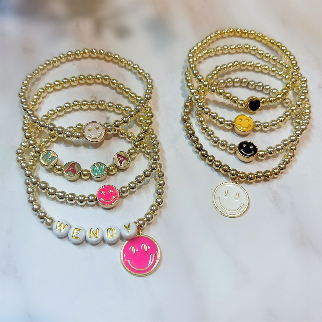 Smiley Face Friendship Bracelet, 14k Gold Plated Custom Bracelet Stack ...