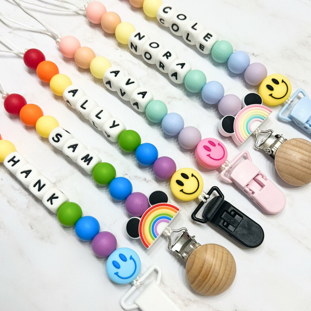 Rainbow and Smiley Face Personalized Name Pacifier Clip, Mickey Mouse ...