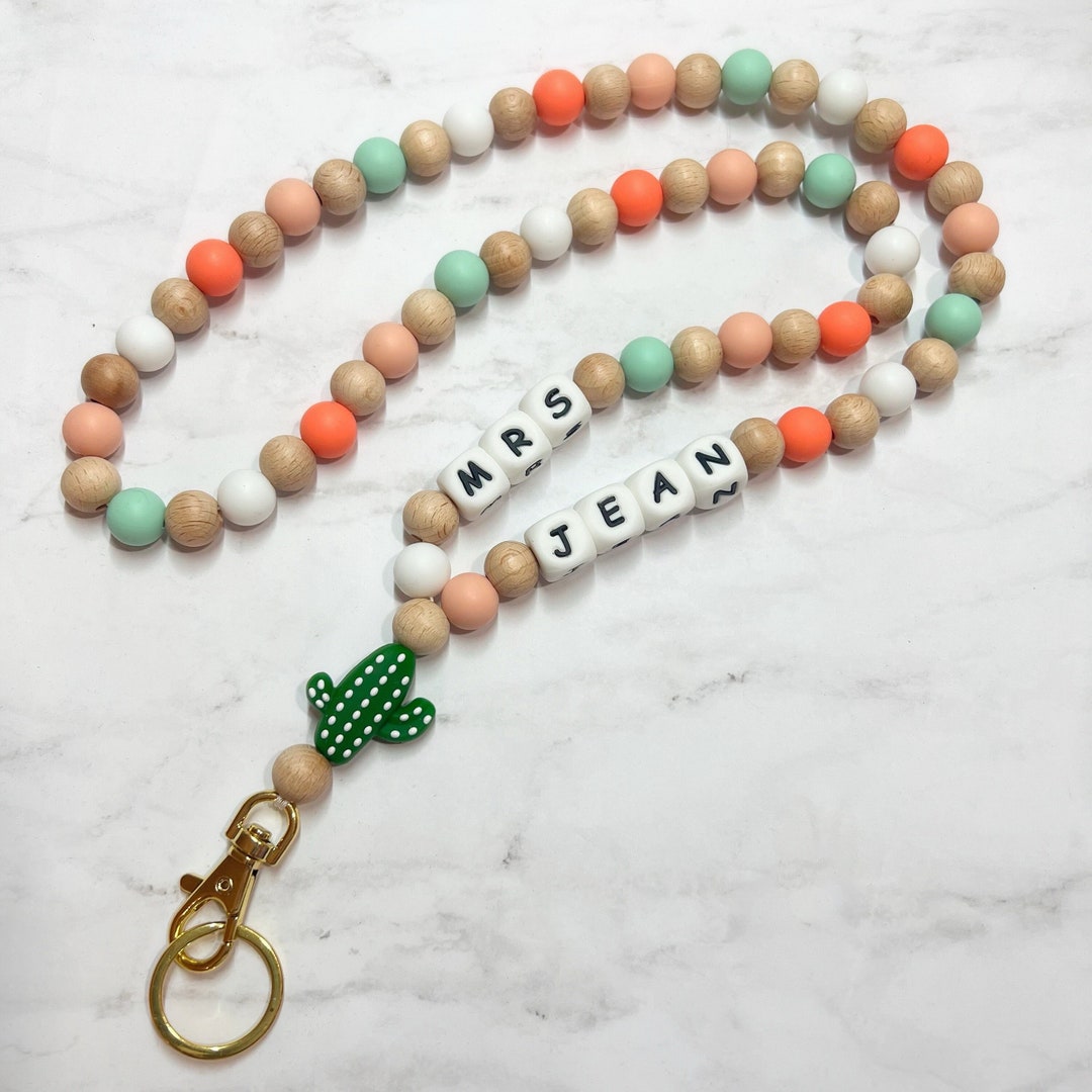 Cactus Boho Teacher Lanyard Beaded Badge Holder Personalized Name ...
