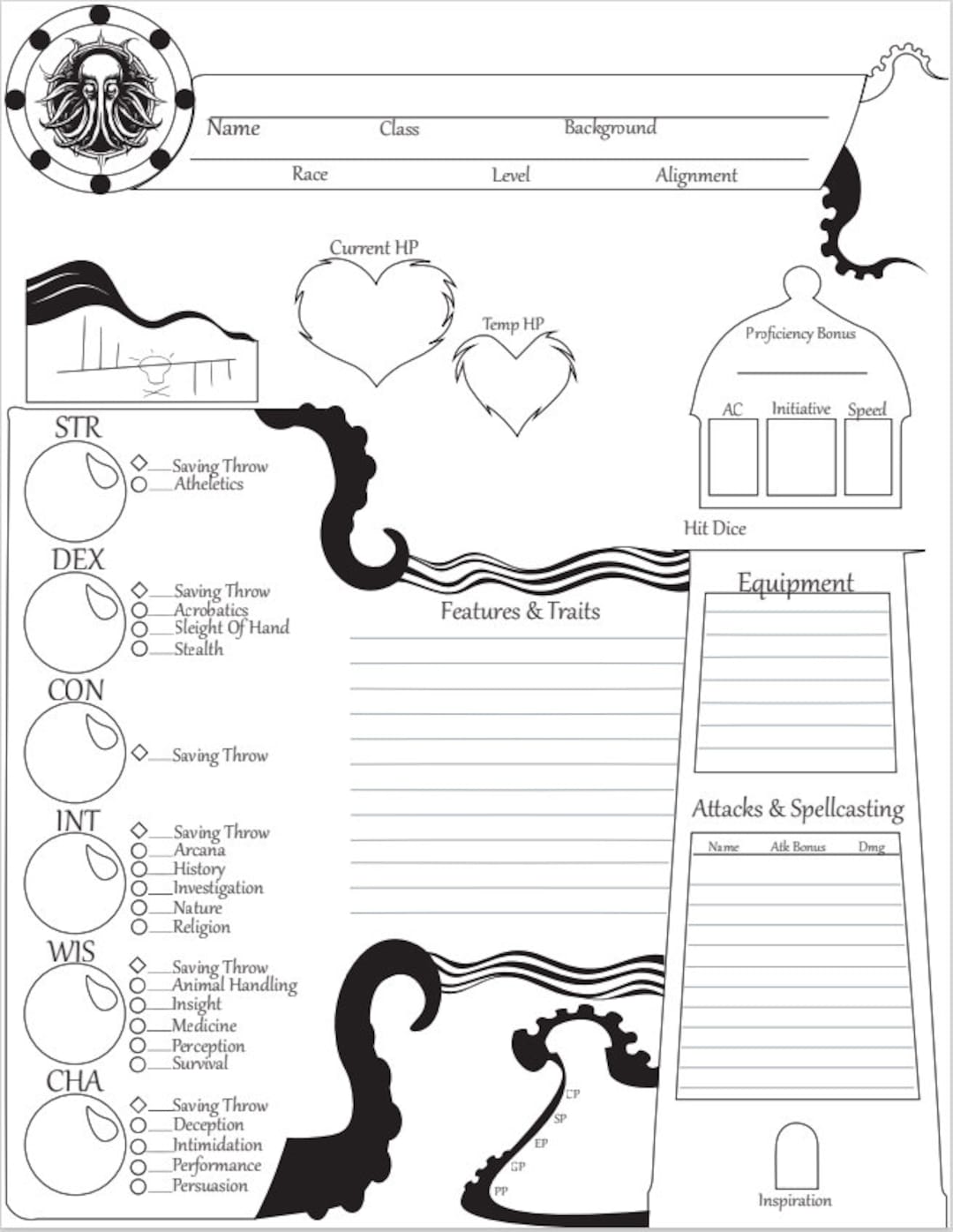 Printable Kraken Themed Dungeons and Dragons 5E Character Sheet PDF - Etsy