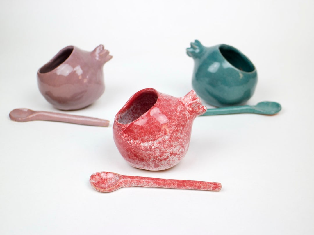 Set of 3, Ceramic Salt Set, Pomegranate Ceramic Salt Cellar and Pepper ...
