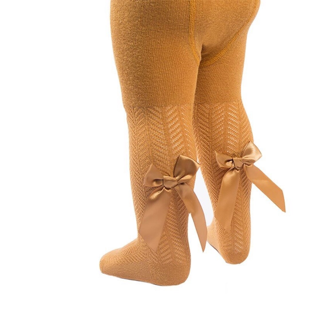 Mustard Yellow Knitted Jacquard Tights With Satin Bow Detail - Etsy