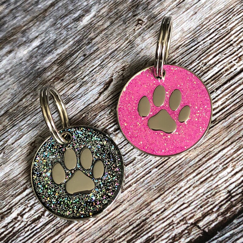 Pink Glitter Paw Print Enamel Dog Tag | Etsy