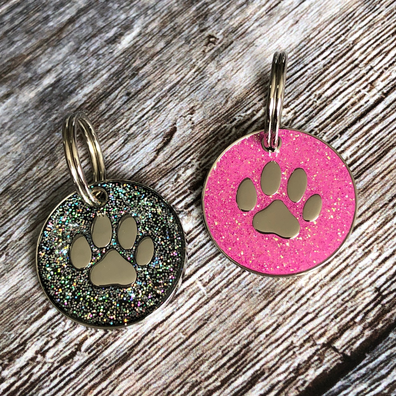 Pink Glitter Paw Print Enamel Dog Tag | Etsy