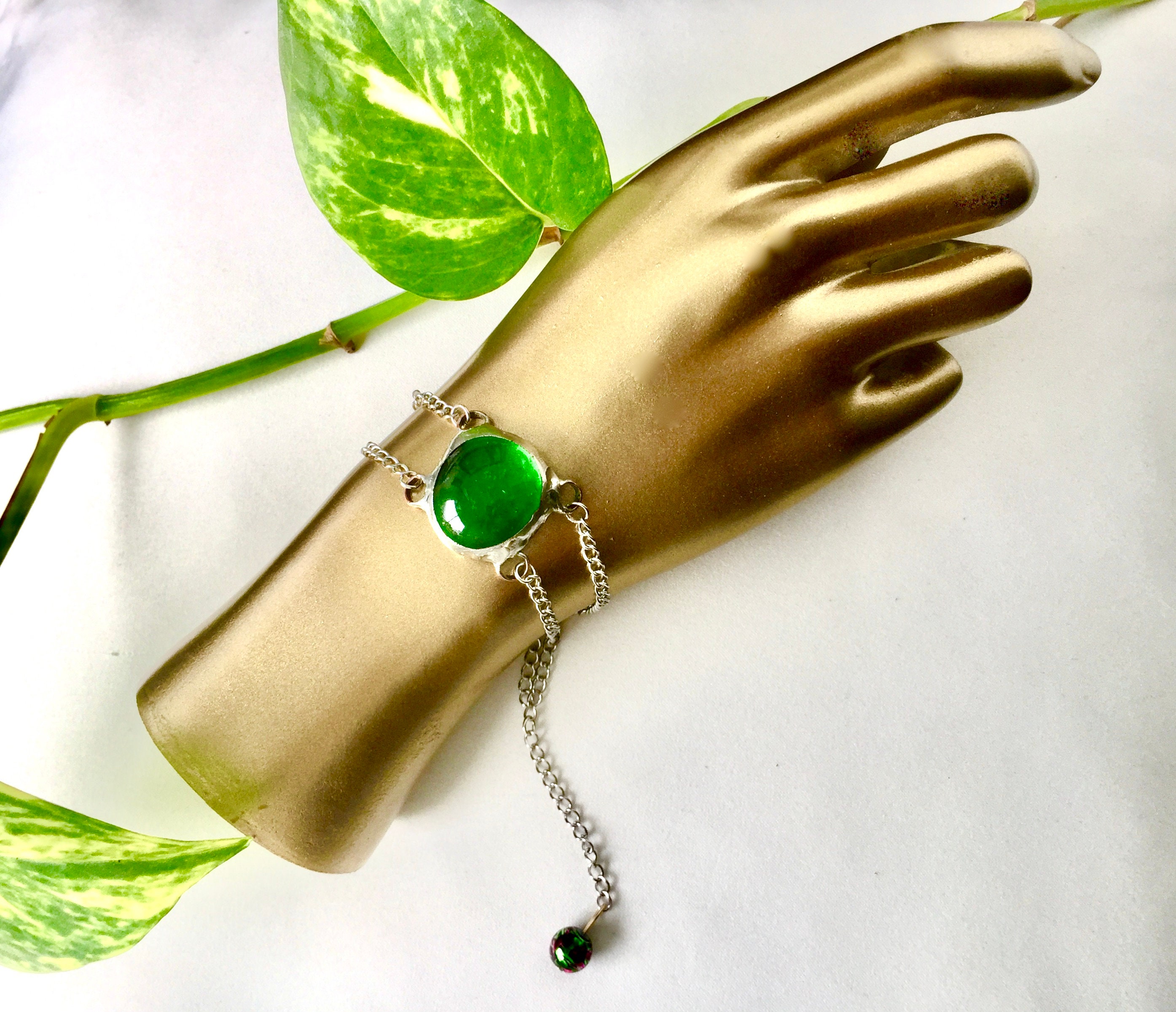 Green Glass Chain Bracelet Artisan Made Stained Glass Mystic Emerald ...