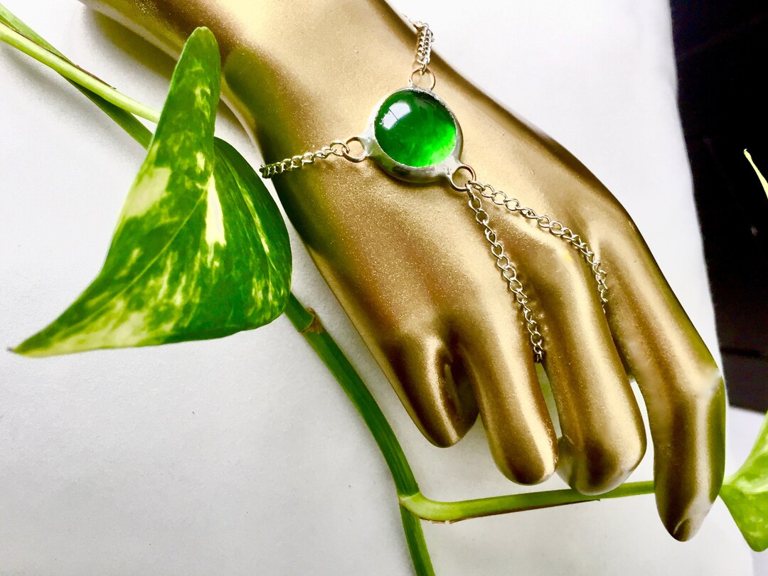 Silver Hand Chain - Green Glass Chain Bracelet - Hand Harness - Artisan ...