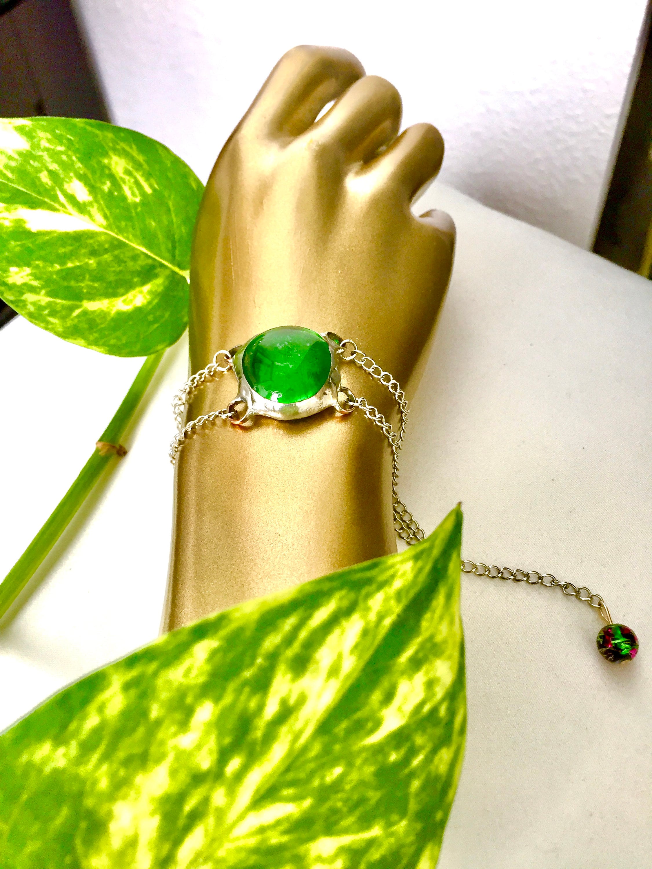 Green Glass Chain Bracelet Artisan Made Stained Glass Mystic Emerald ...