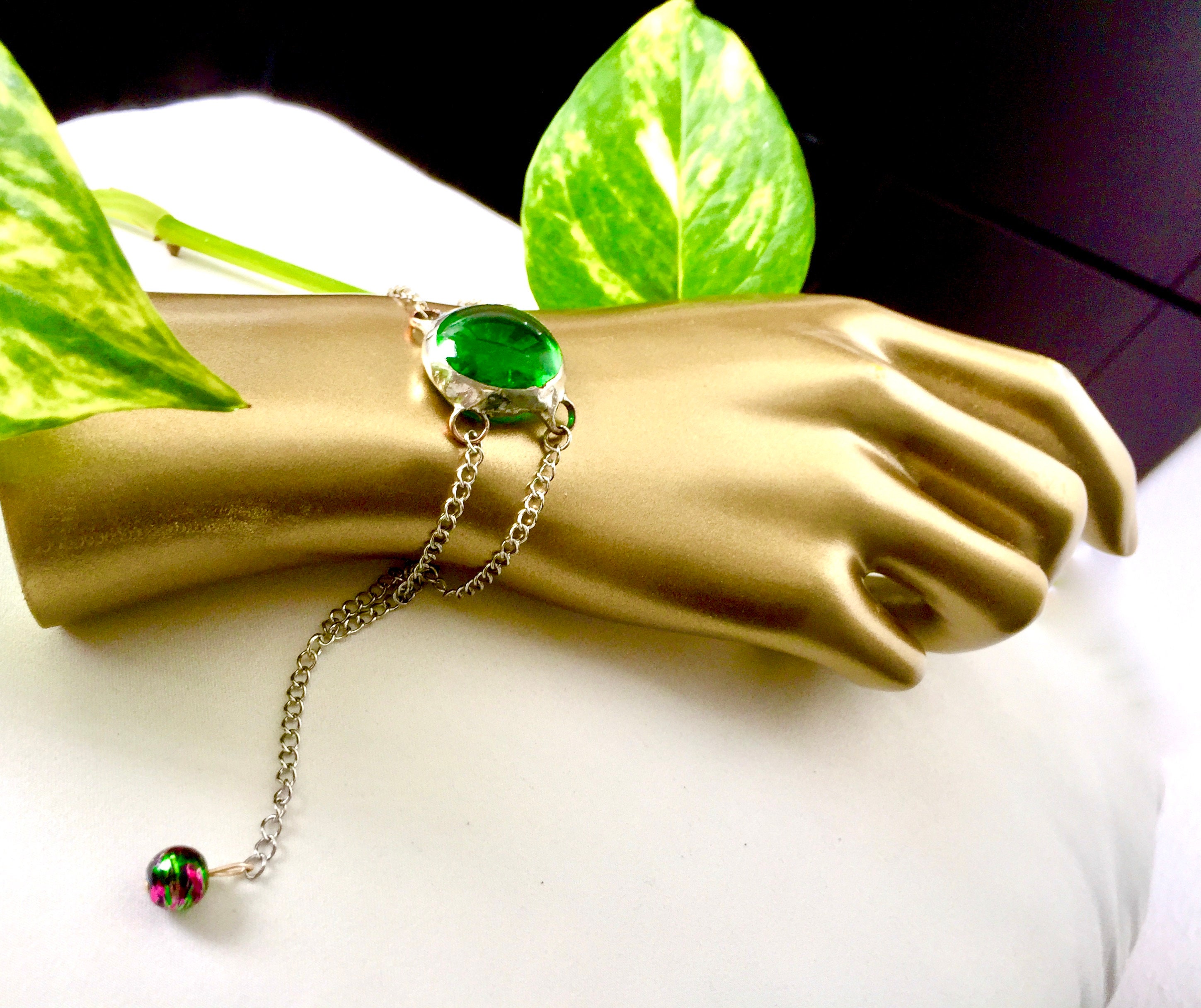 Green Glass Chain Bracelet Artisan Made Stained Glass Mystic Emerald ...