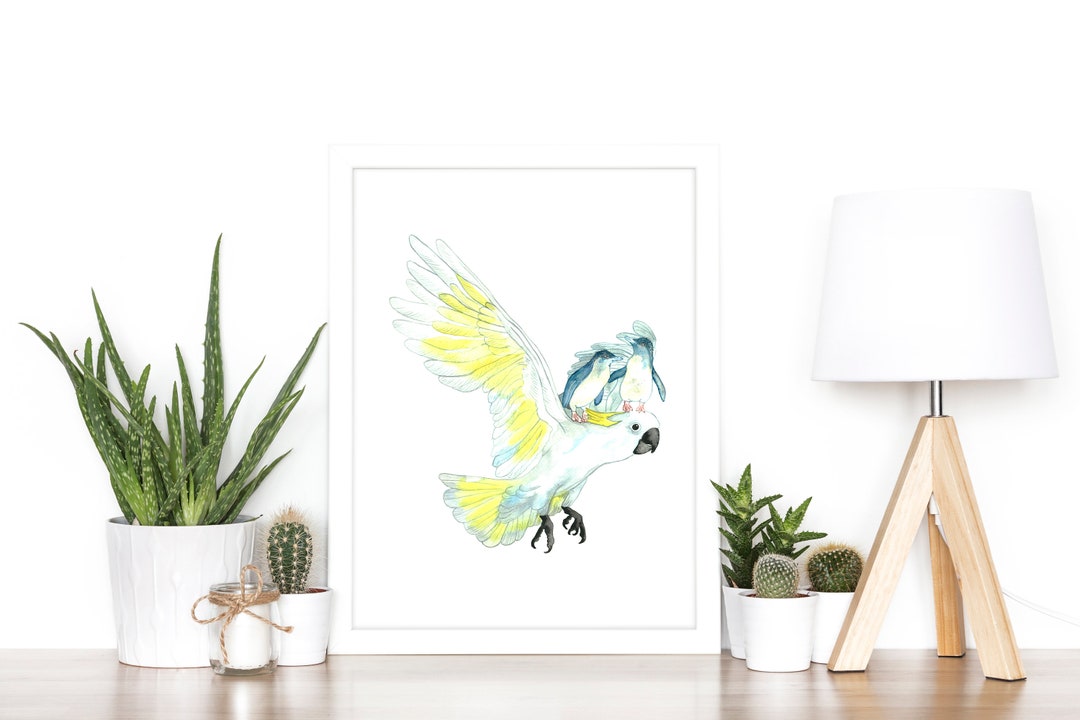 Fairy Penguins Ridding Cocky Print/ Australian Birds/ Watercolour Wall ...