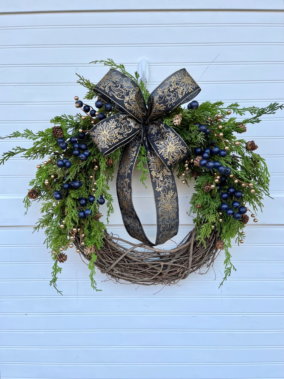 Blue and Gold Pine Berry Christmas Wreath, Christmas Holiday Wreath ...