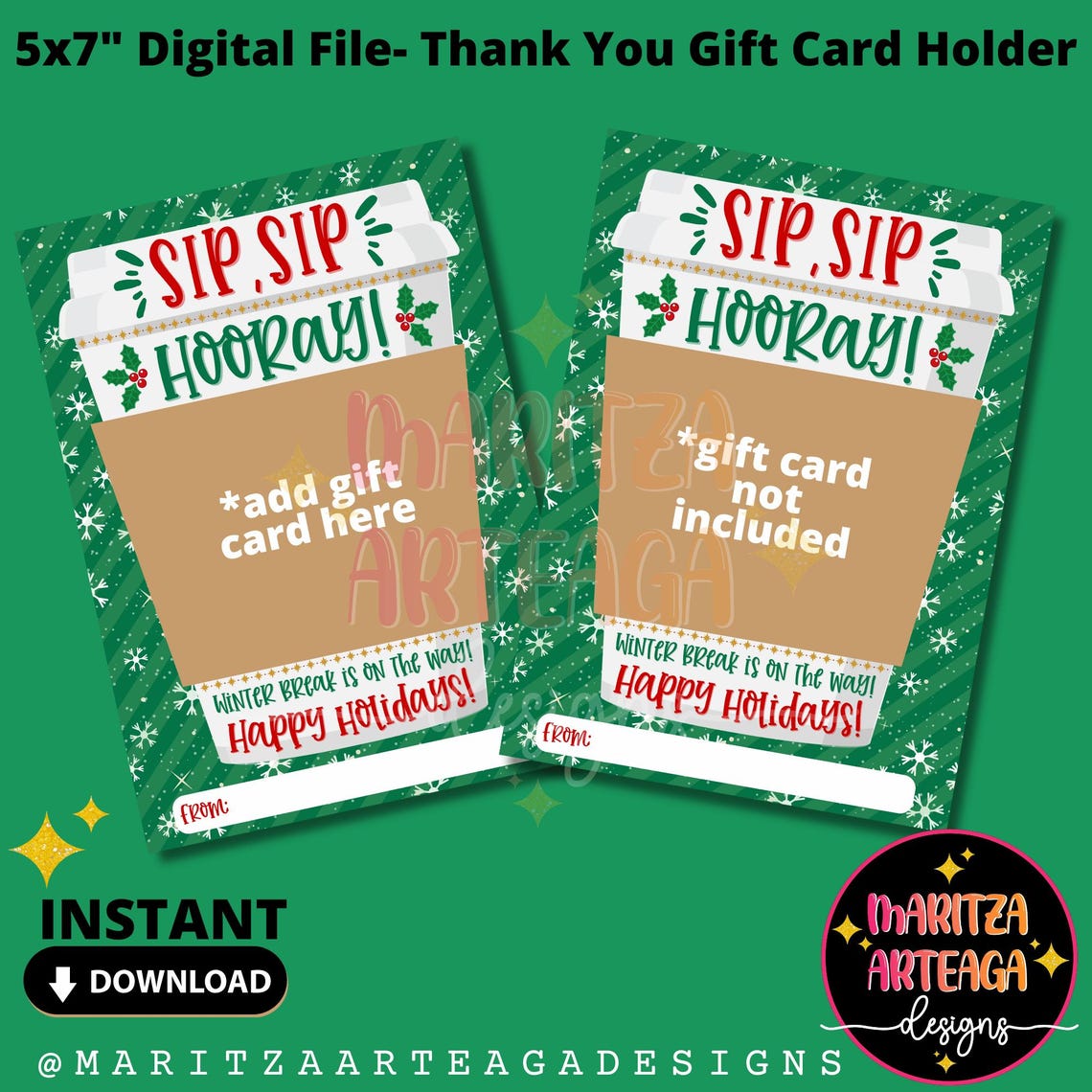 5x7" Digital File- Holiday Teacher - Thank You Gift Card Holder- Sip ...