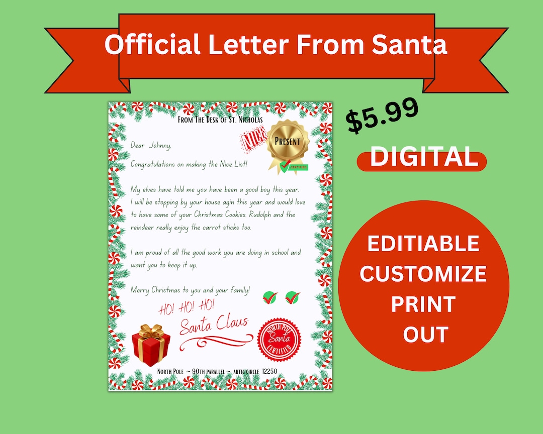 Digital Letter From Santa, Editable Santa Letter, Personal Printable ...