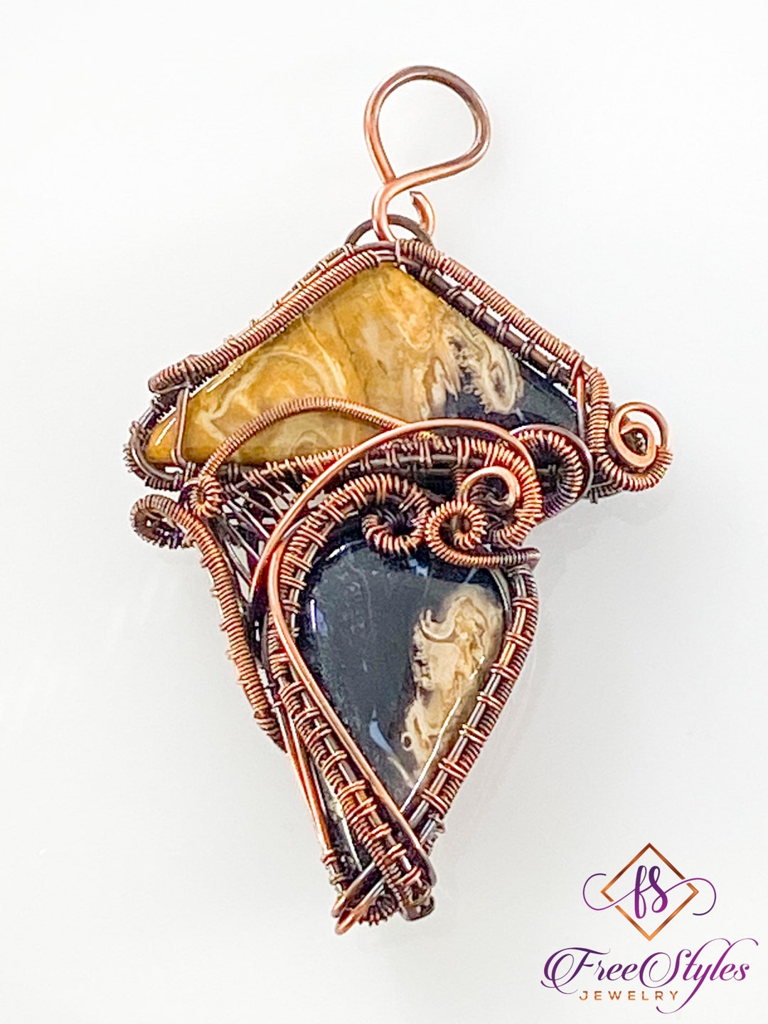 Wire Wrapped Petrified Palm Root Pendant, Wire Woven Necklace, Copper ...
