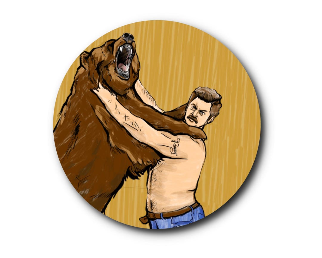 Ron Swanson Wrestling Bear Glossy Vinyl Sticker, Parks and Recreation ...