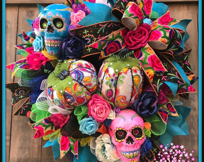Day of the Dead Wreath, Halloween Wreath, Skeleton Wreath, Halloween ...
