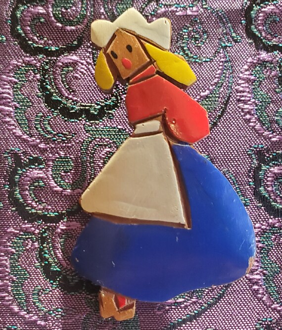 1940s Carved and Painted Wooden Dutch Girl Pin - Gem