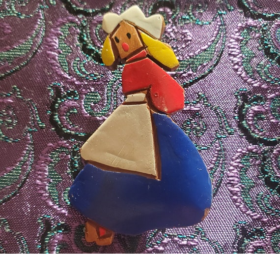 1940s Carved and Painted Wooden Dutch Girl Pin - Gem