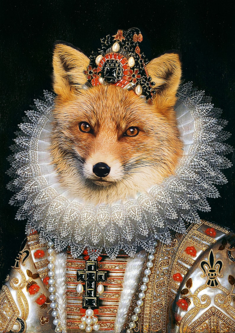 Digital File Renaissance Fox Vintage Portrait, Animal Painting Wall Art ...