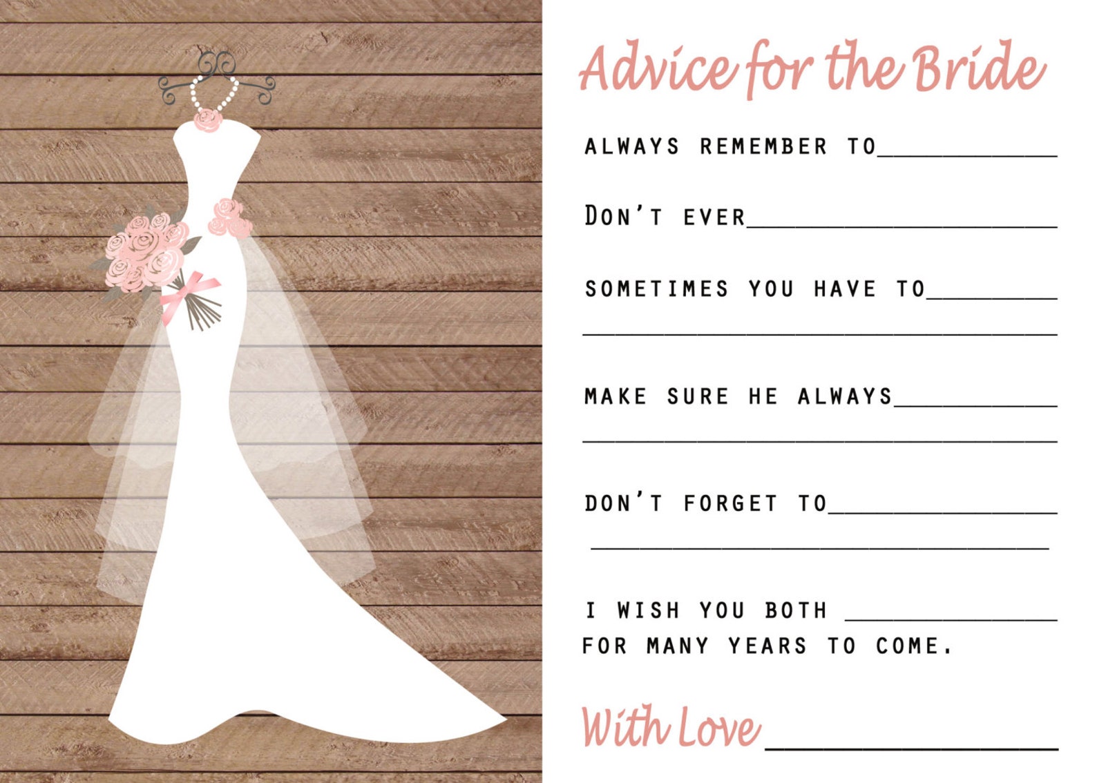 Advice for the Bride Bridal Shower Game, Wedding Shower Advice Card ...