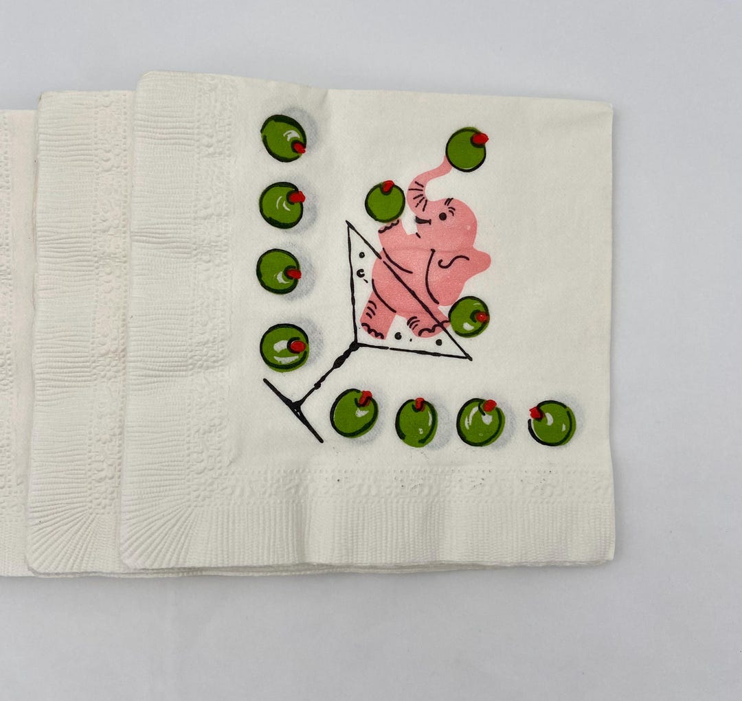 Pink Elephant Martini Olive Paper Napkins Pack of 29 Unused/new Vintage ...