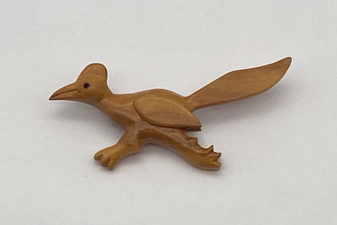 Roadrunner Brooch Hand Carved Wood Signed ED 1995 Southwest Boho Style ...