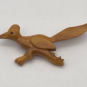 Roadrunner Brooch Hand Carved Wood Signed ED 1995 Southwest Boho Style ...