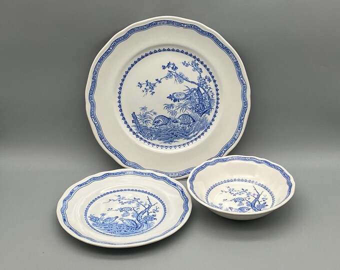 Furnivals 1913 Quail Blue Dinner and Salad Plates Cereal Bowl 3 Pieces ...