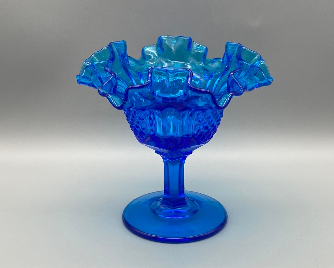 Fenton Glass Colonial Blue Pineapple Compote With Crimped Edge, 5.5 ...