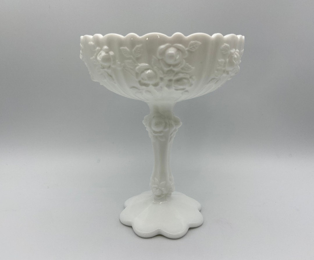 Fenton Glass Milk Glass Cabbage Rose Compote/footed Candy Dish, Vintage ...