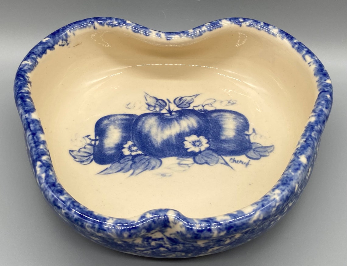 Ellis Pottery Blue Spongeware Apple Shaped Dish Hand Painted - Etsy