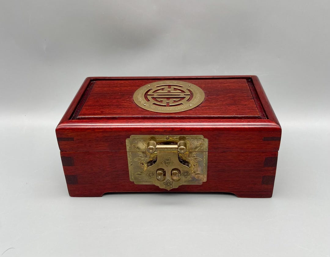 Wood Brass Vintage Jewelry Box Chinese Asian Design Red Satin Lined ...