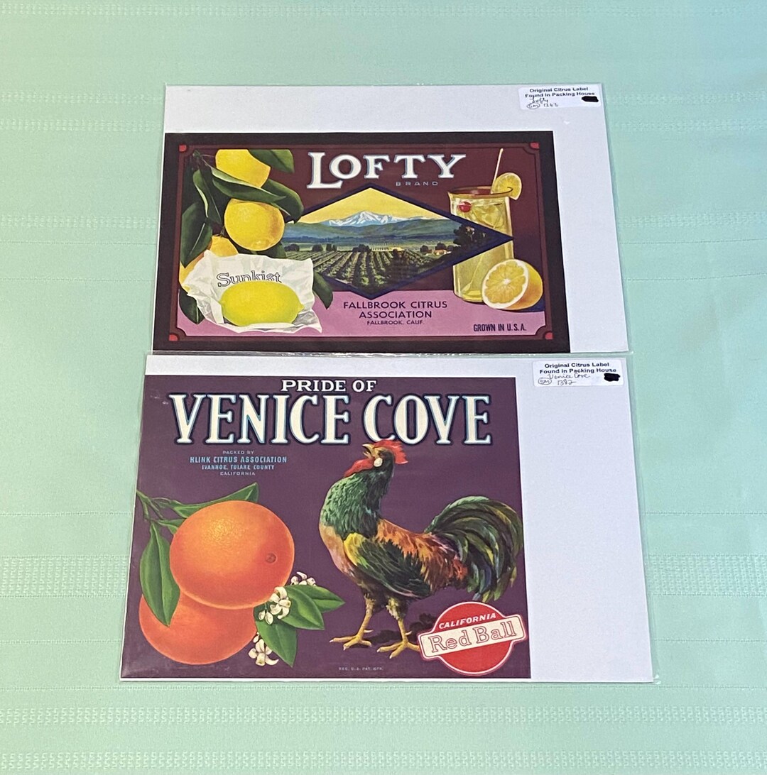 Vintage Fruit Crate Labels Set of 2, Orange Venice Cove Rooster, Lemon ...