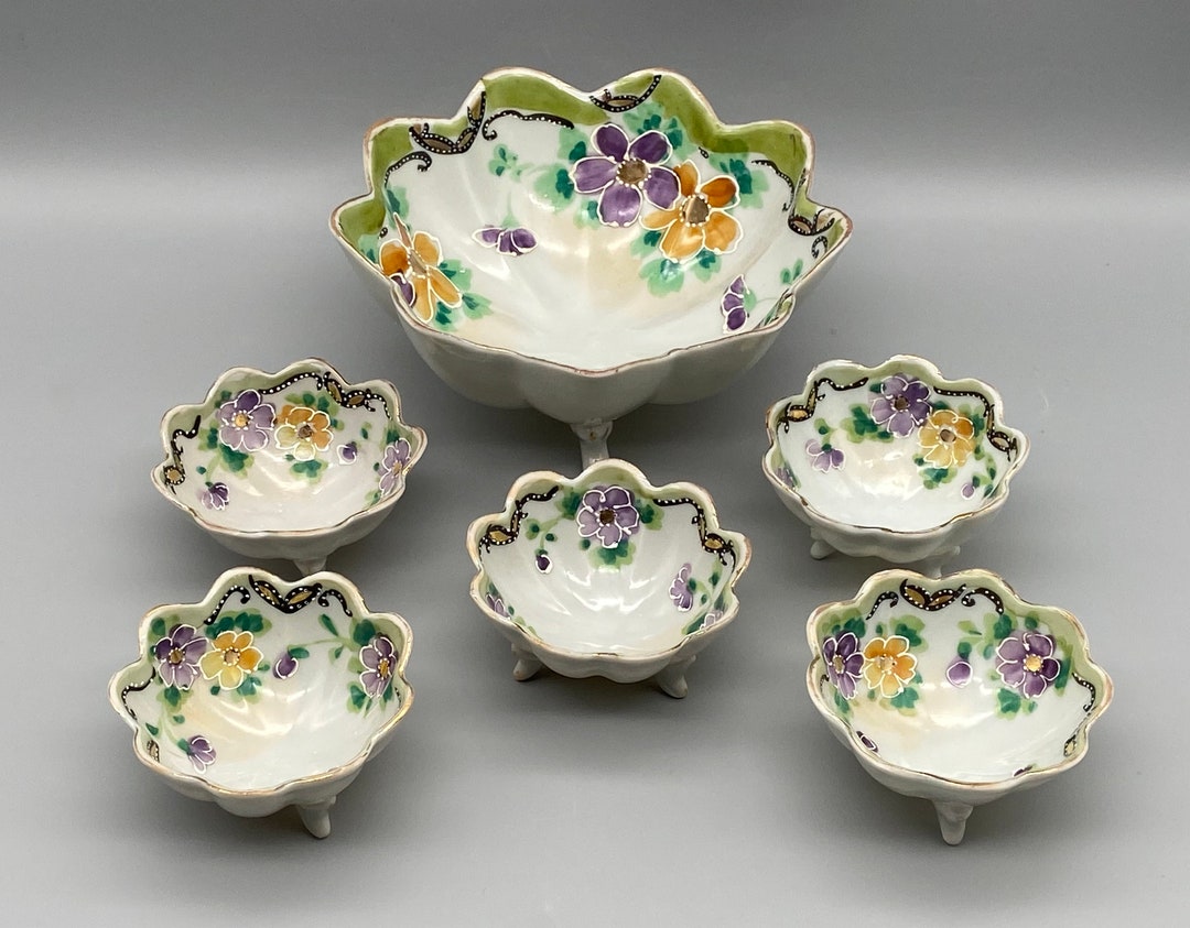 Antique Japanese Hand Painted Moriage Porcelain Nut Set, Master & 5 ...