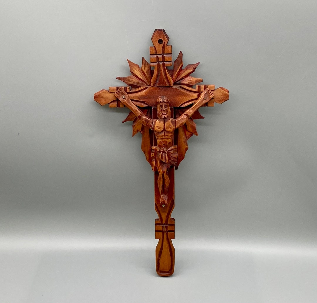 Vintage Hand Carved Wood Crucifix: 3D Christ Figure, Starburst Design ...