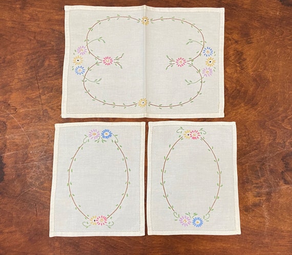 Vintage Linen Dresser Scarf 3 Piece Set Hand Embroidered - Etsy