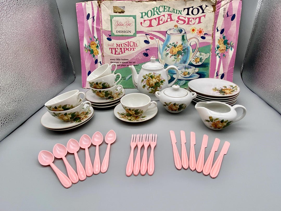 Toy Tea Set Yellow Rose Design Musical Teapot Porcelain Service for 6 ...