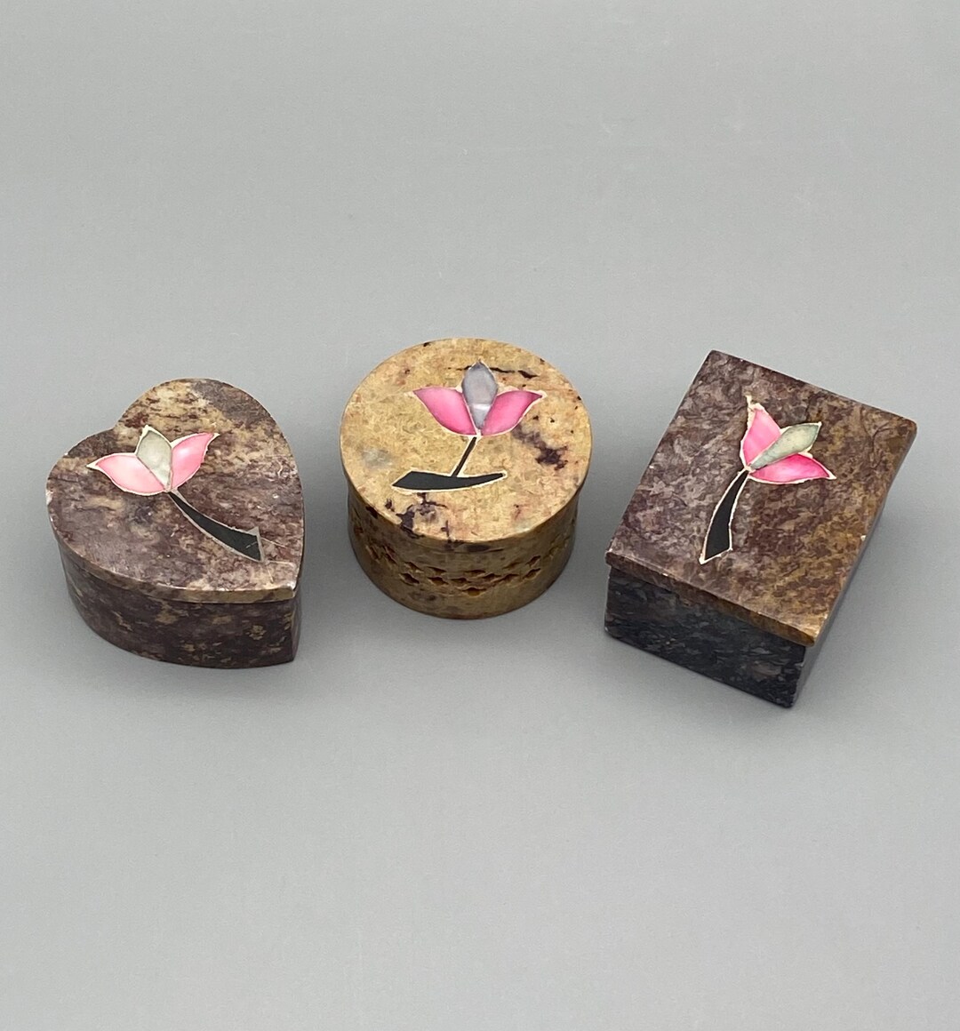 Carved Soapstone Trinket Boxes Set of 3 Pretty Inlayed Flowers Pink ...