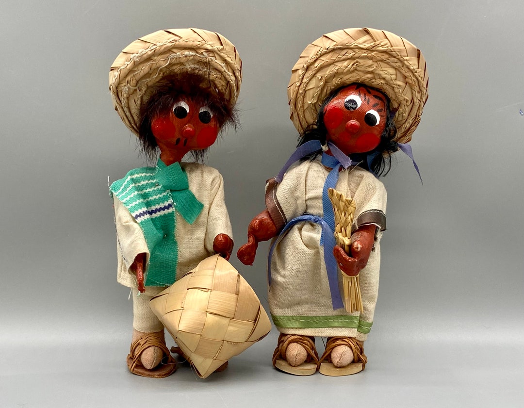 2 South American/mexican Folk Art Dolls Man and Lady Paper Mache ...