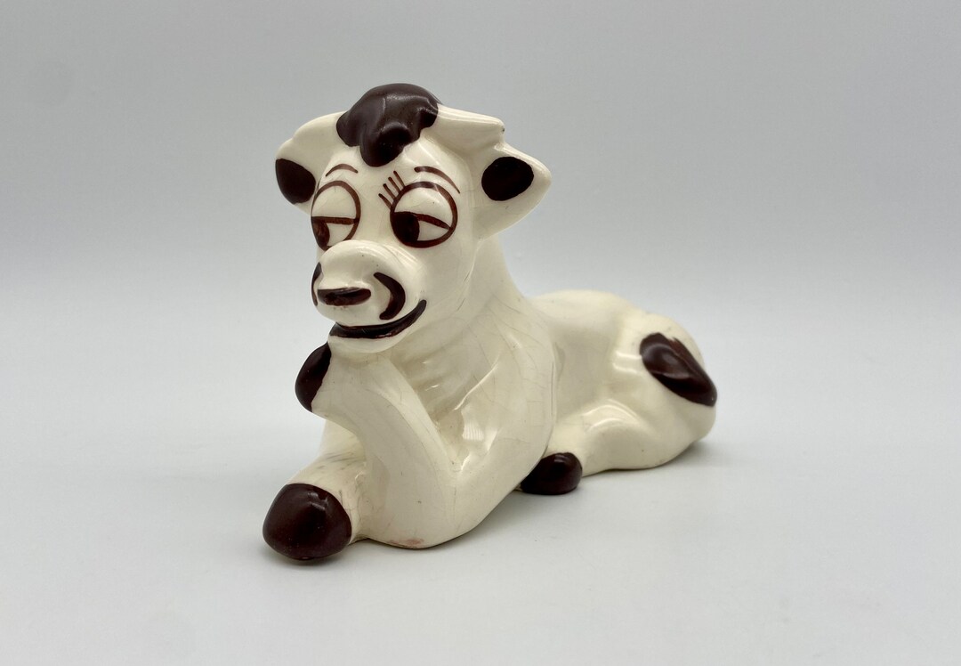 Rio Hondo Pottery Cow Figurine, Goofy Side Eye Resting Cow, White With ...