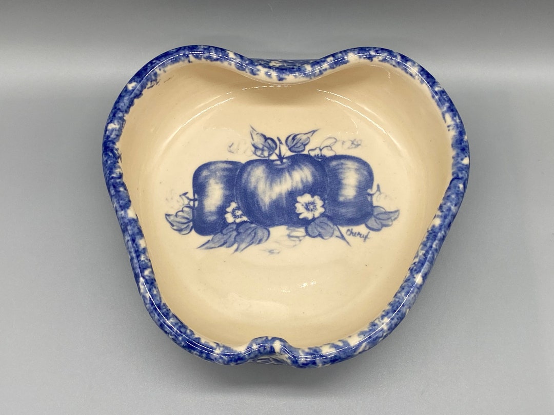 Ellis Pottery Blue Spongeware Apple Shaped Dish Hand Painted Apples ...