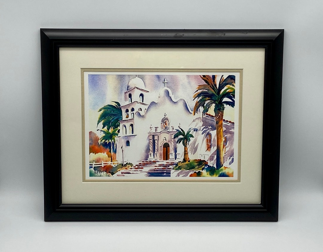 Lew Achen Watercolor Art Print Mission Basilica San Diego CA, Framed ...